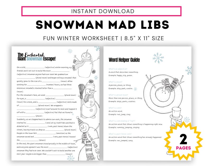 Fun Winter Snowman Mad Libs Worksheet - Etsy