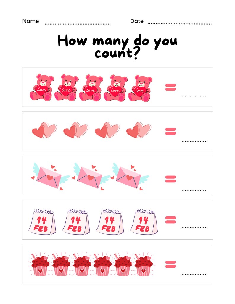 Valentine's Day Count and Color Activity Worksheets for Kids - Etsy
