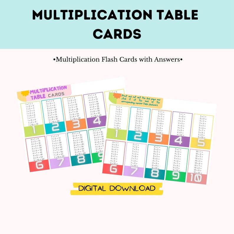 Multiplication Table Cards With Answers - Etsy