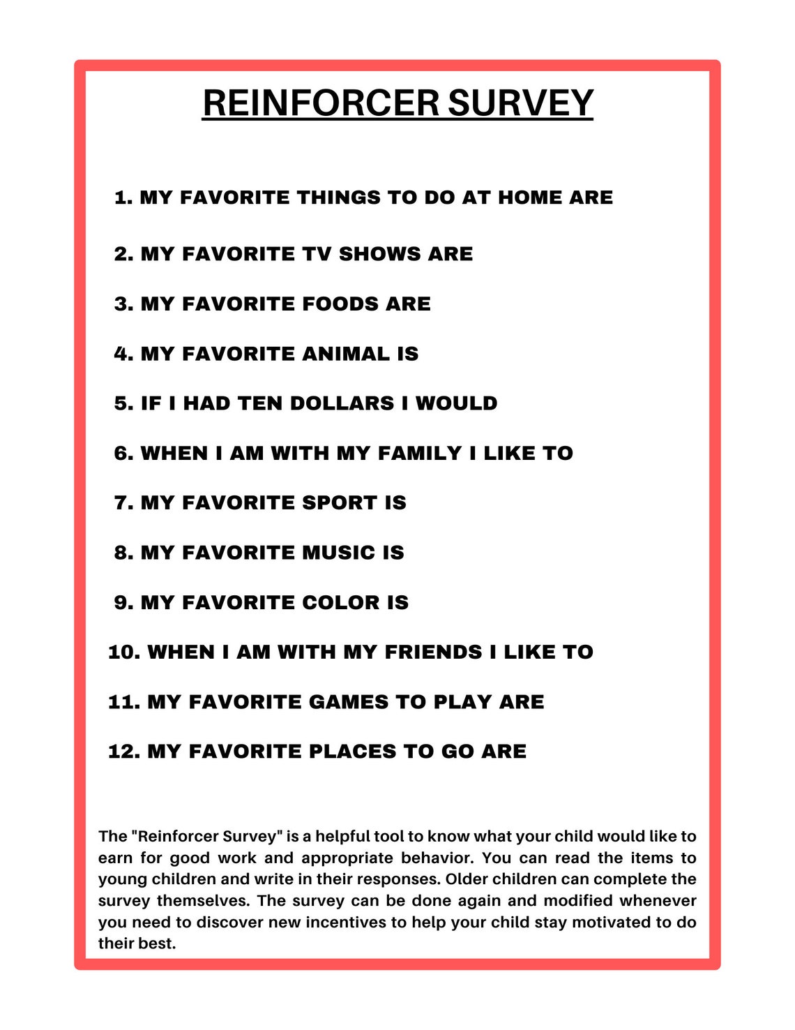 Kids Behavior Worksheet Printable Reinforcer Survey for Incentives PDF ...