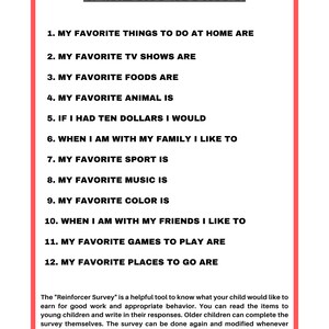 Kids Behavior Worksheet Printable Reinforcer Survey for Incentives - Etsy