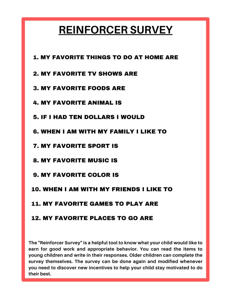 Kids Behavior Worksheet Printable Reinforcer Survey for Incentives - Etsy