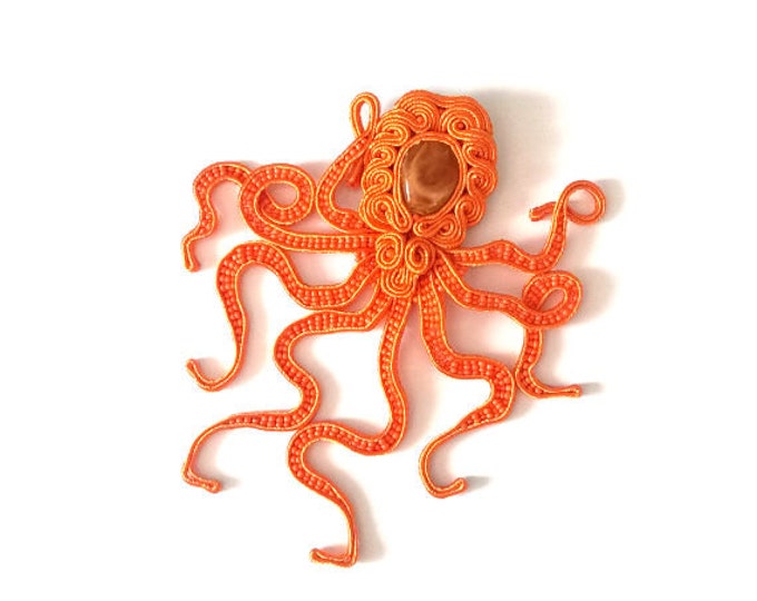Orange Octopus Brooch Ocean Themed Jewelry Soutache Brooch Nautical ...