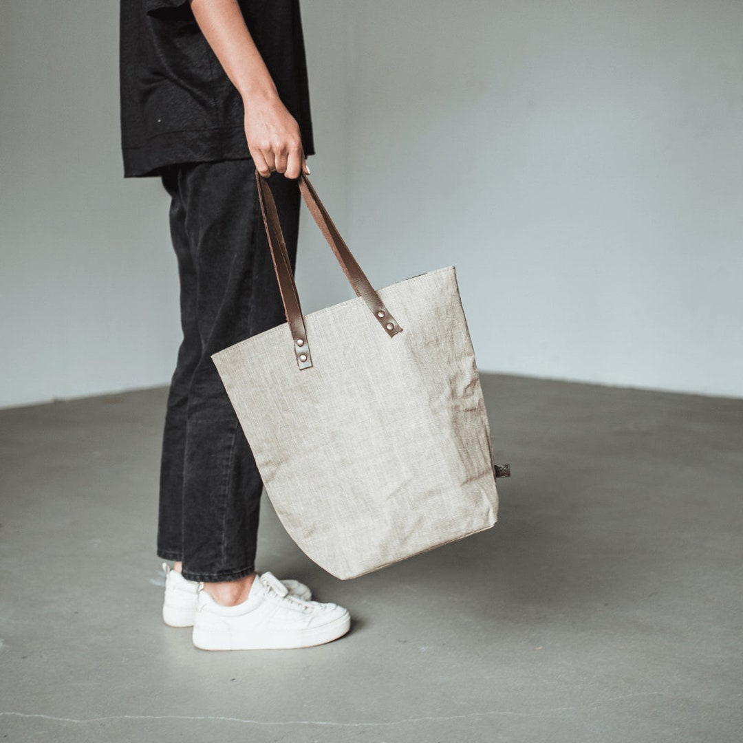 Linen Shoulder Bag With Leather Handles, Handmade Shopping Tote - Etsy