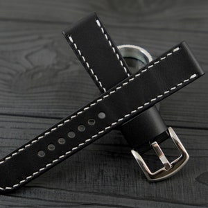 Leather watch strap Black watch band Thick men's watchband | Etsy