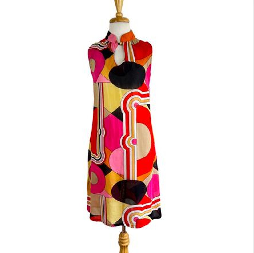 MARK WARREN 60s Size XS Colourful Graphic Printed 100% Cotton Dress ...