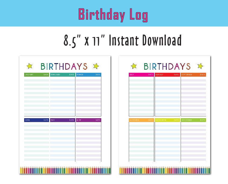 Birthday Log, Birthday Calendar - Instant Download - Etsy