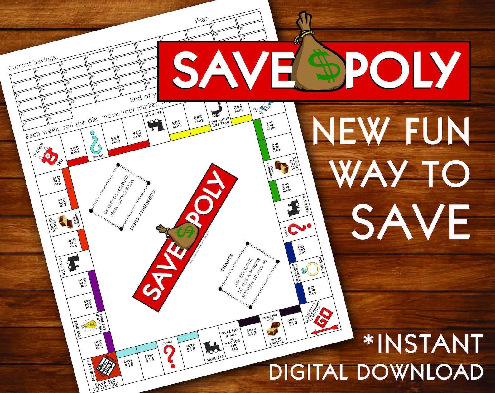 SAVEOPOLY - Filled & Blank Versions - Savings Chart, Savings Tracking ...