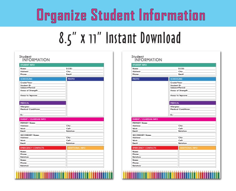 Student Information Sheet, Instant Download - Etsy
