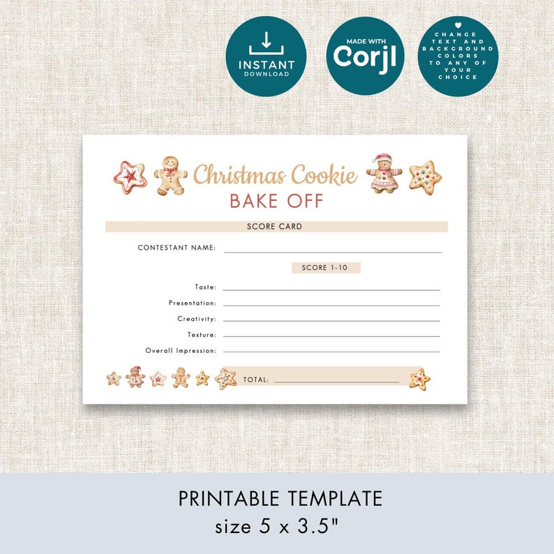 Christmas Cookie Bake off Score Card Template, Digital INSTANT DOWNLOAD ...
