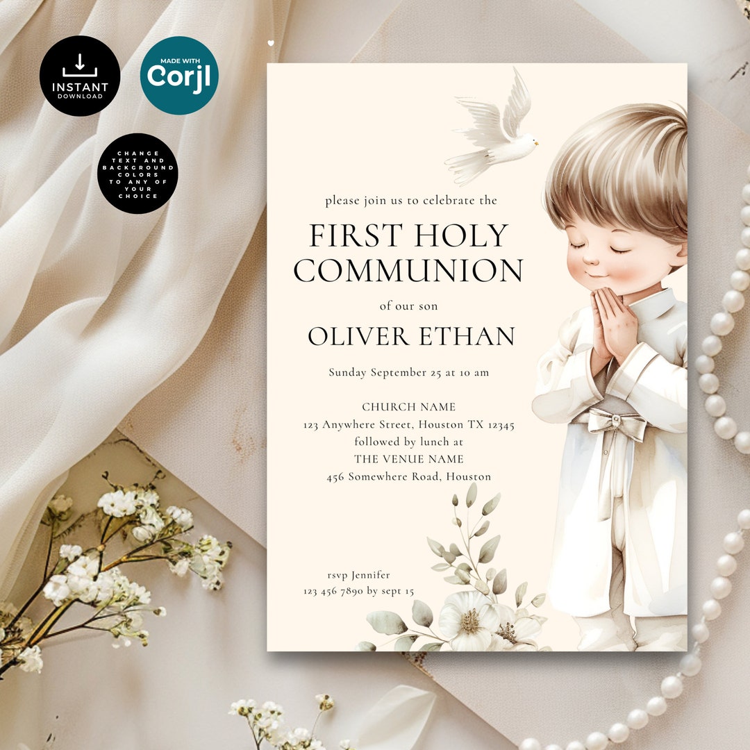 First Holy Communion Invitation Boy Minimalist Template, Printable ...