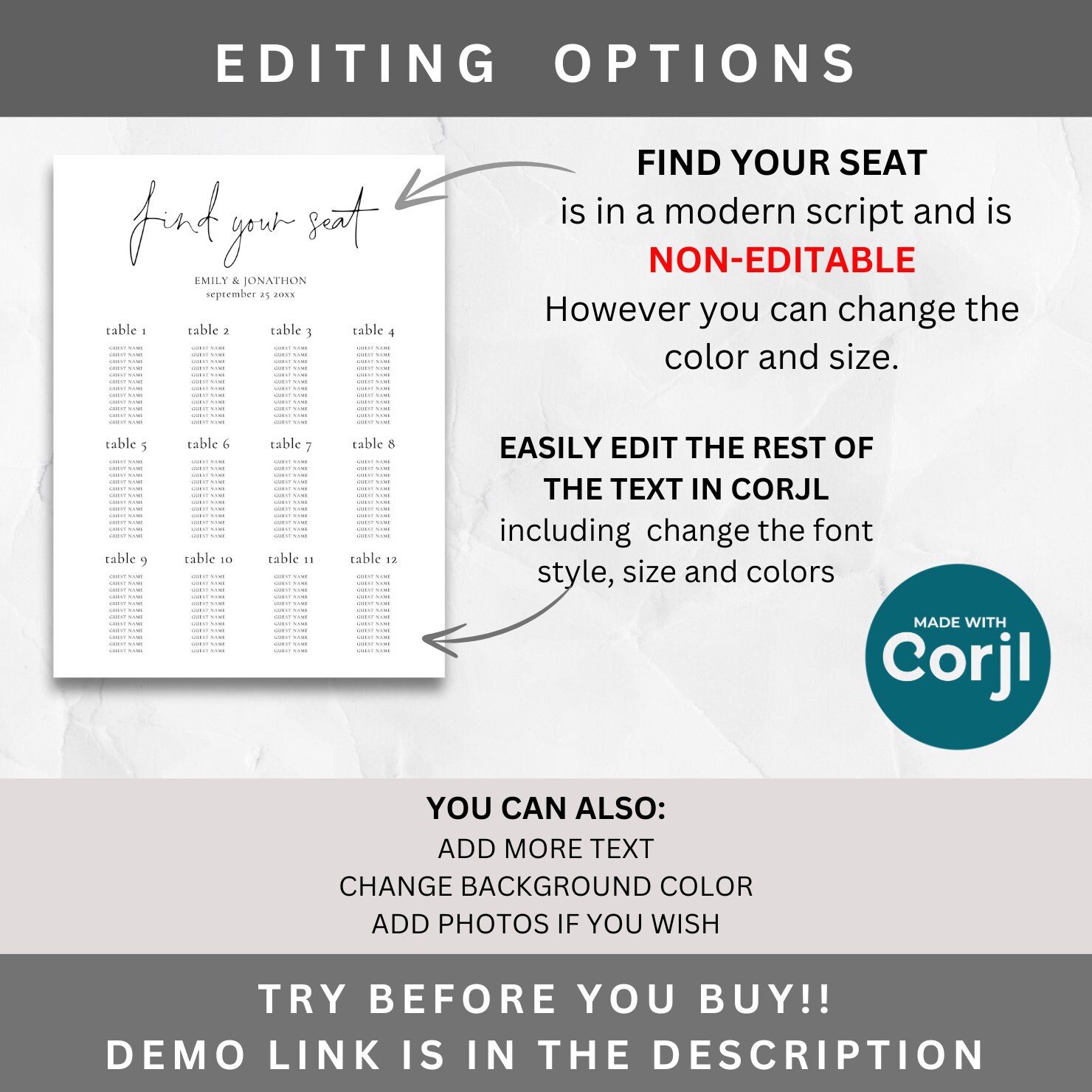 Seating Chart for 12 Tables, Printable Wedding Table Plan, INSTANT ...