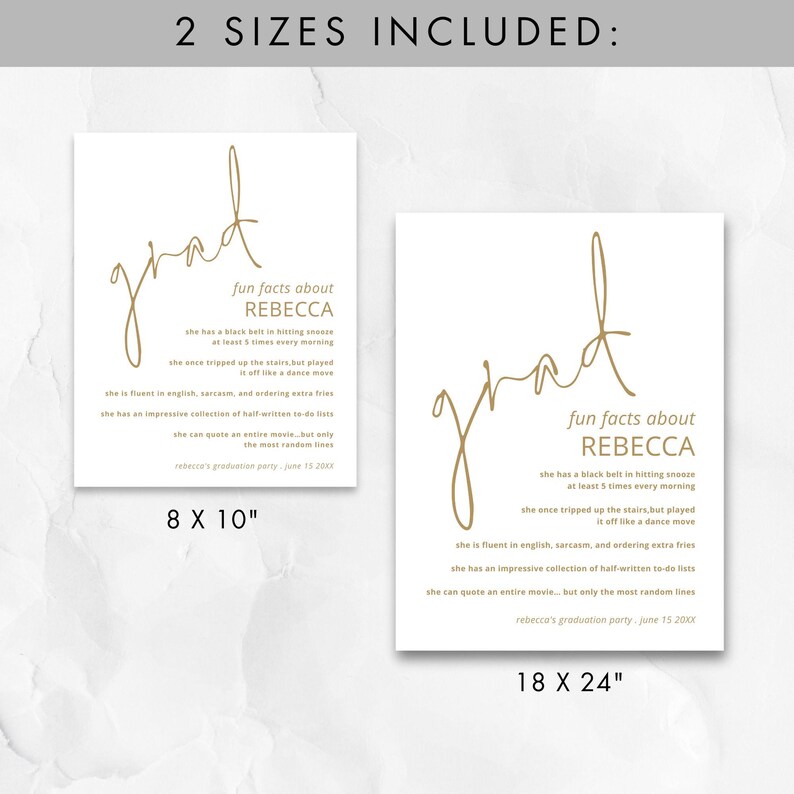 Graduation Party Grad Fun Facts Sign, Printable, INSTANT DOWNLOAD, Gold ...