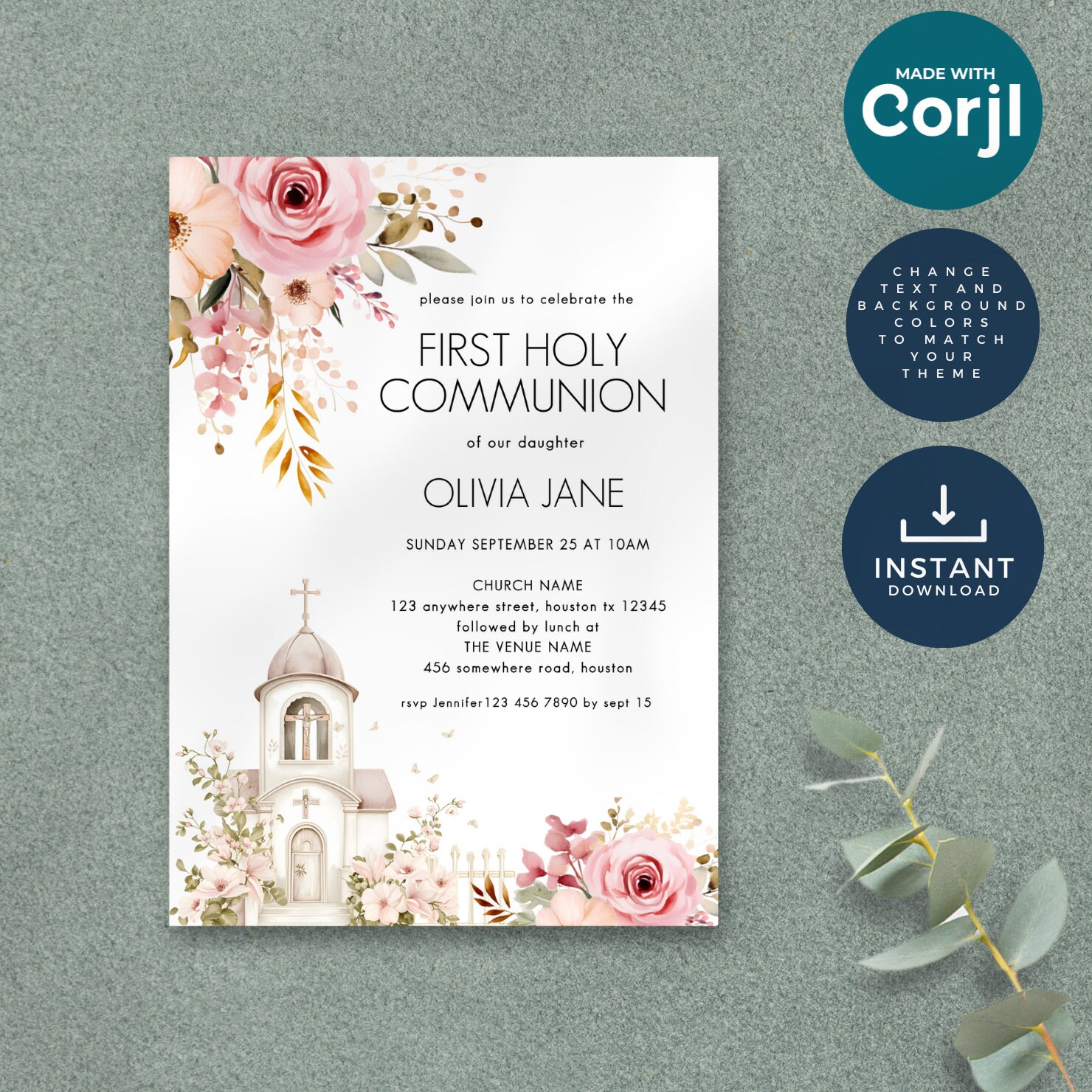 Pink First Holy Communion Invitation Template, Printable INSTANT ...