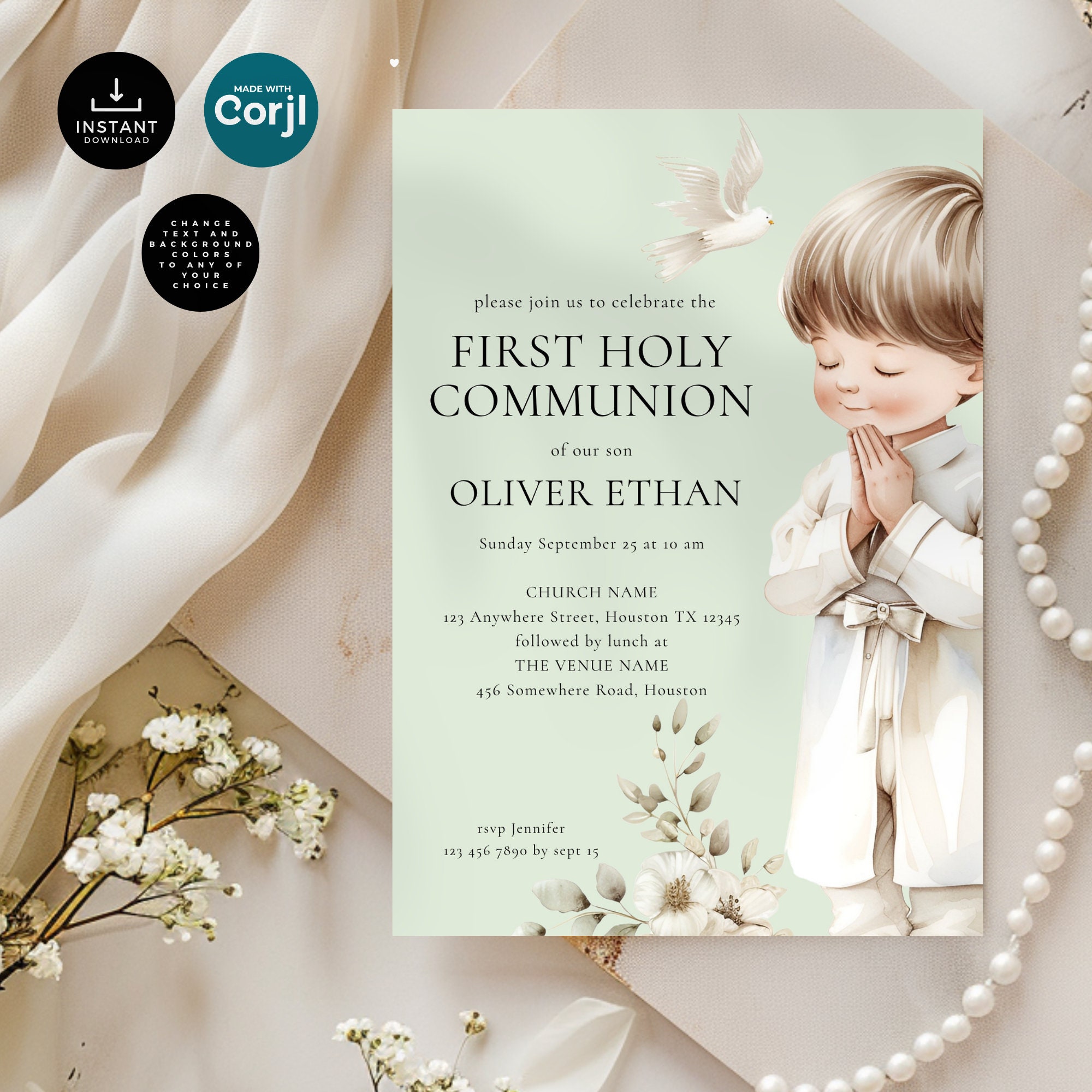First Holy Communion Invitation Boy Minimalist Template, Printable ...