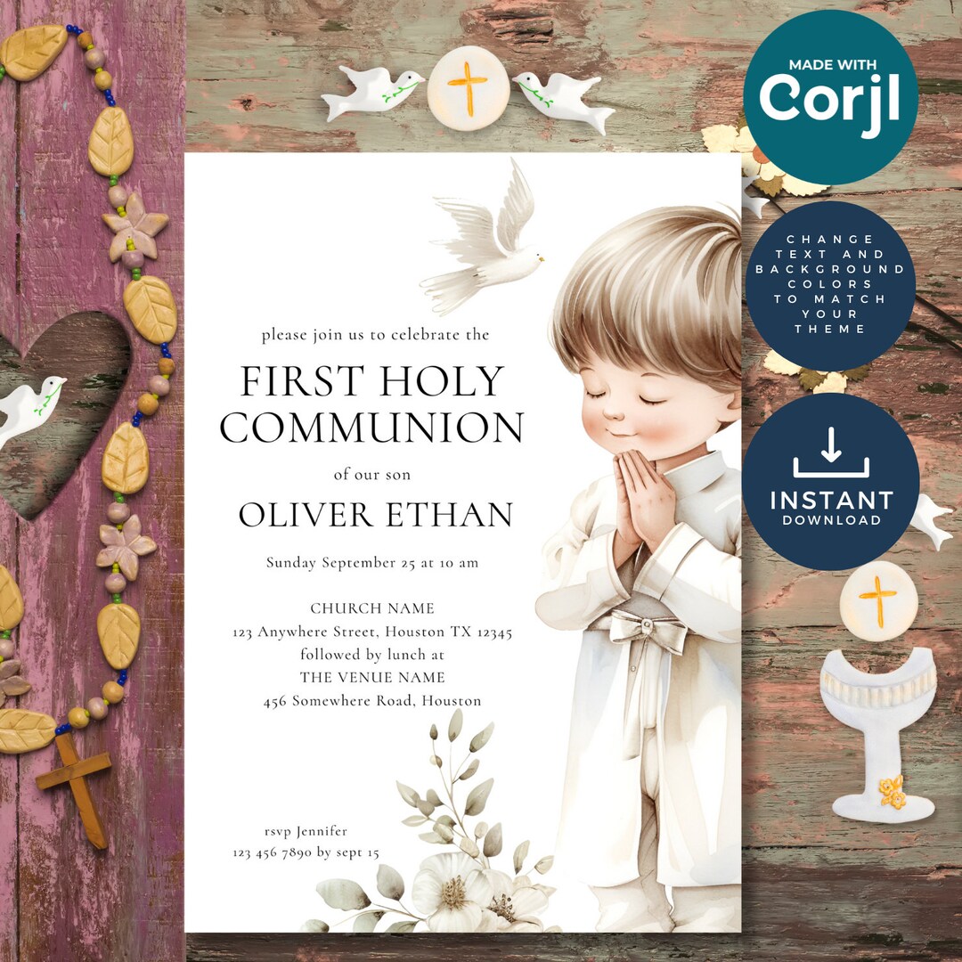 First Holy Communion Invitation for Boy Minimalist Template, Printable ...