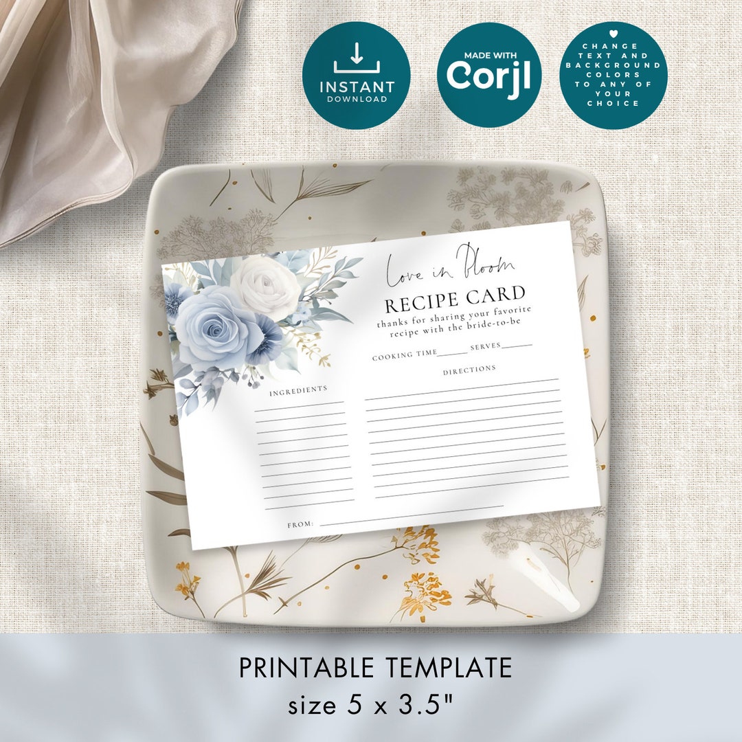 Light Blue Floral Recipe Card Template, INSTANT DOWNLOAD, Dusty Blue ...