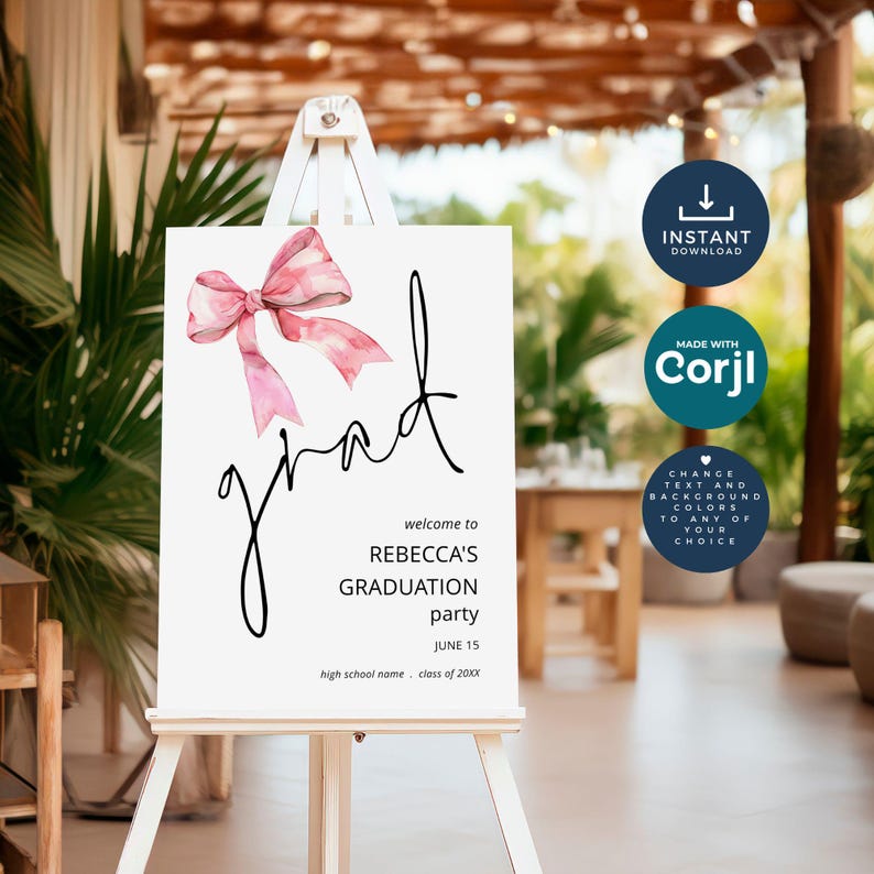 Pink Bow Graduation Welcome Sign, Coquette Party Decor (printable ...