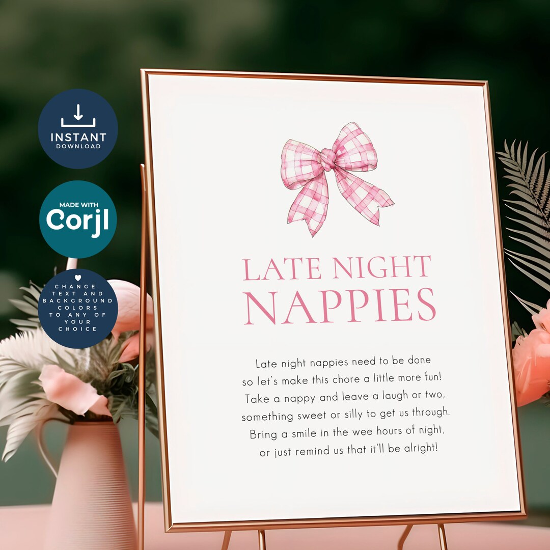 Pink Bow Baby Shower Late Night Nappies Table Signage Template ...