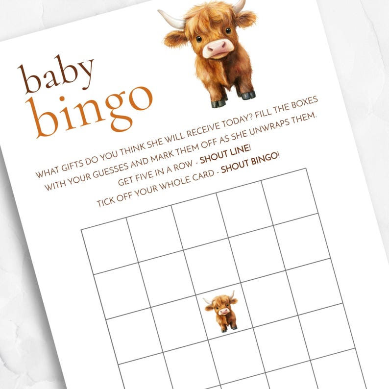 Highland Cow Baby Bingo Game Template, INSTANT DOWNLOAD, Holy Cow Baby ...