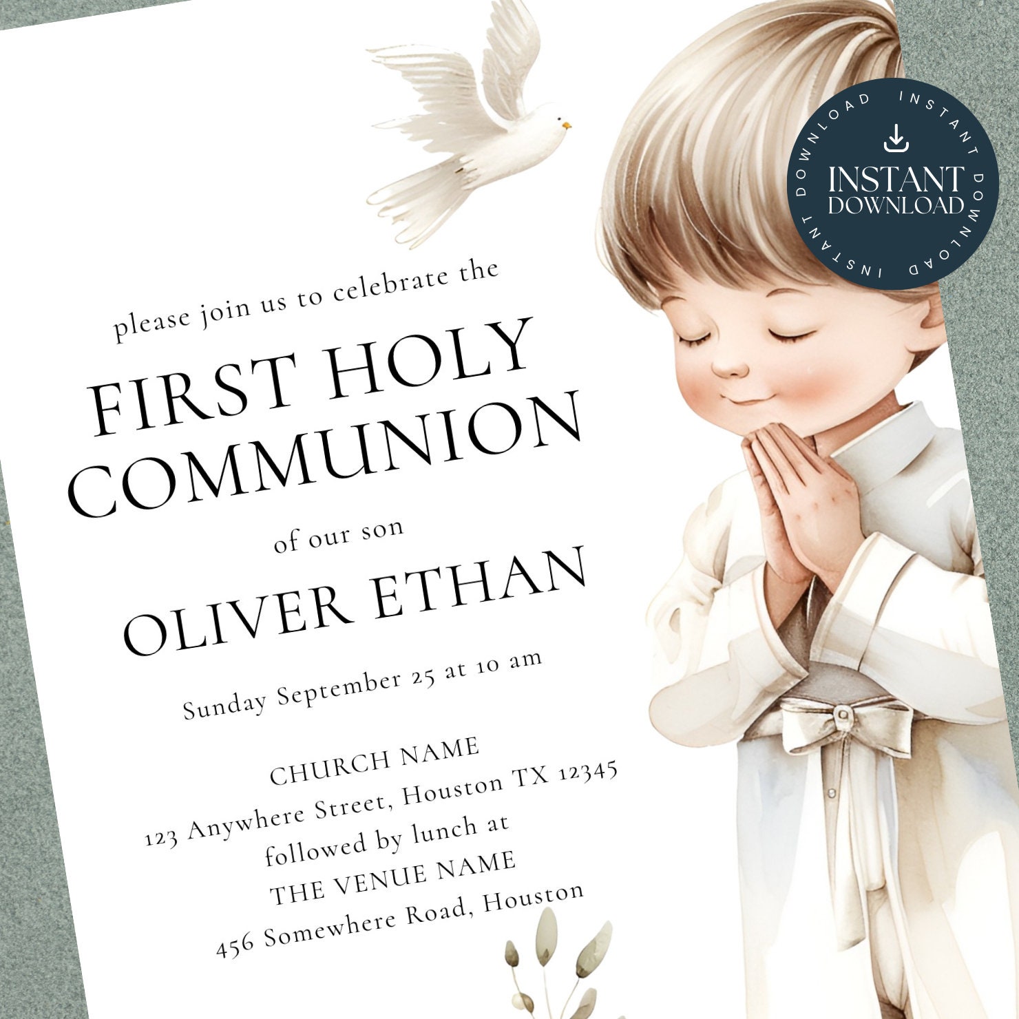 First Holy Communion Invitation for Boy Minimalist Template, Printable ...