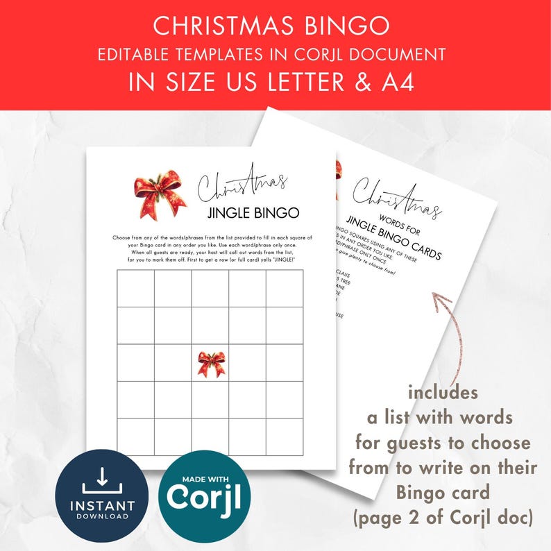 Christmas Bingo Game Template, Printable, INSTANT DOWNLOAD, Red Bow ...