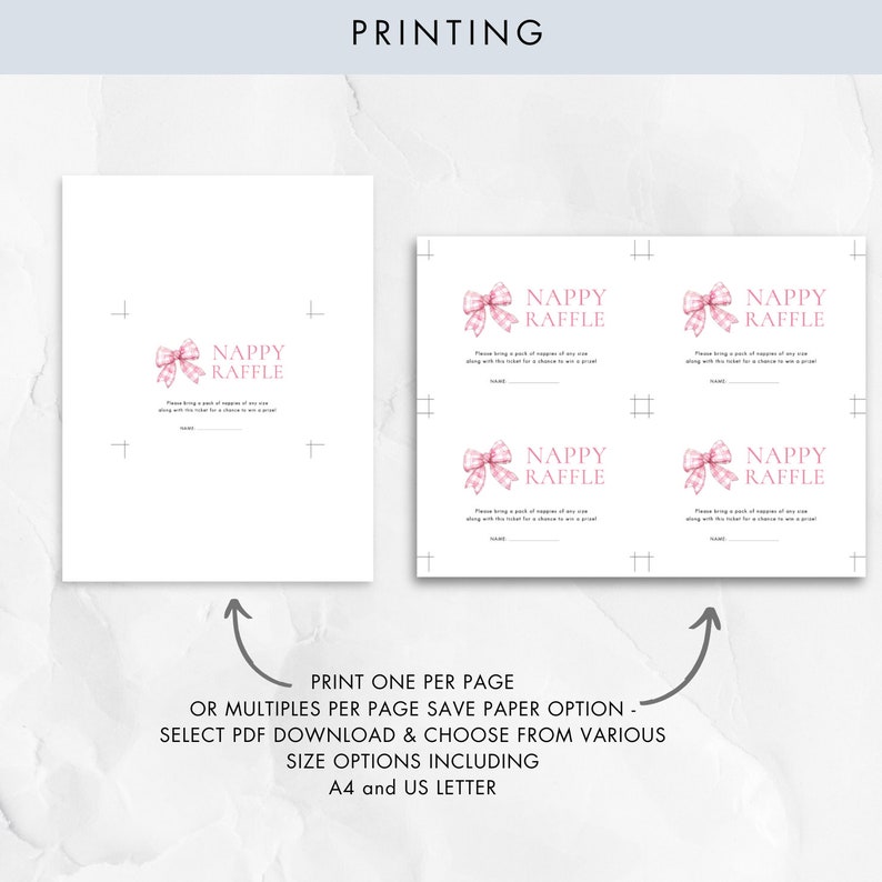 Pink Bow Nappy Raffle Card Template, INSTANT DOWNLOAD, Gingham Ribbon ...