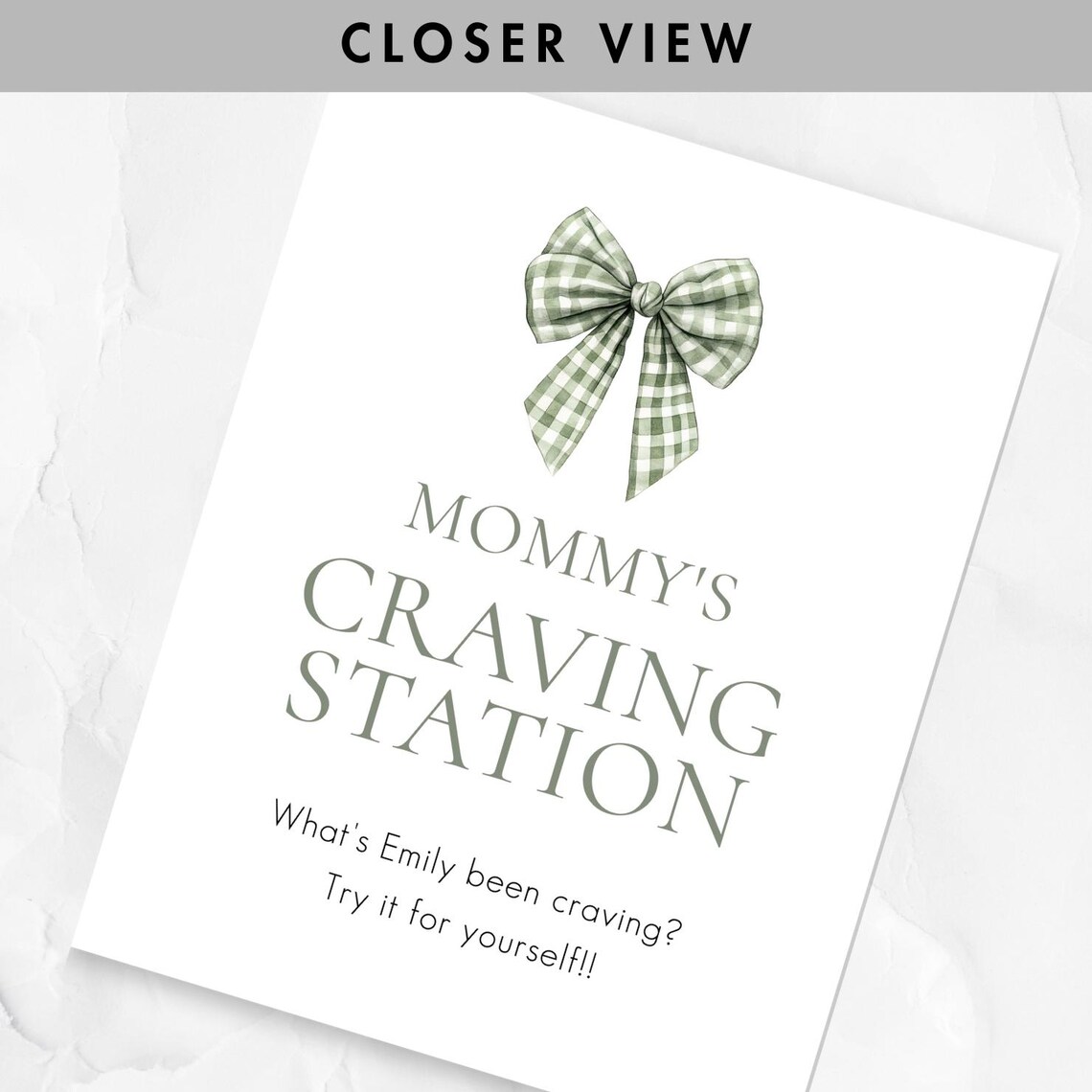 Sage Gingham Bow Baby Shower Craving Station Table Sign Template ...