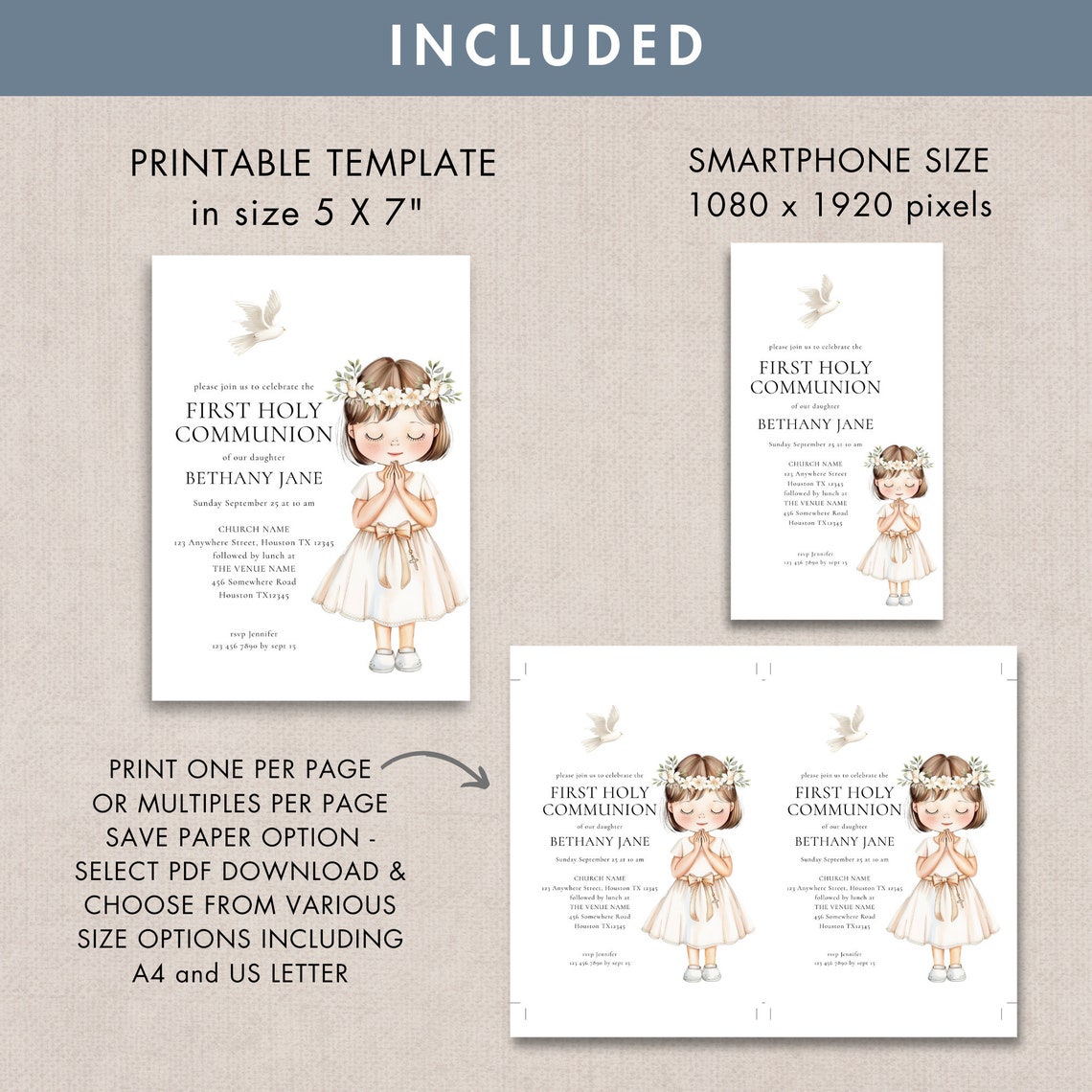 First Holy Communion Invitation Girl Minimalist Template, Printable ...