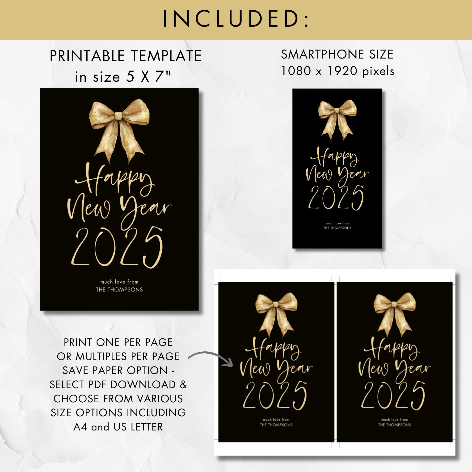 Happy New Year 2025 Card Template, Printable INSTANT DOWNLOAD, Coquette ...