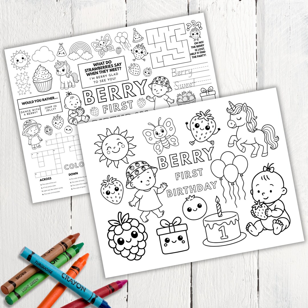Berry First Birthday Activity Placemat: Strawberry Theme Coloring ...