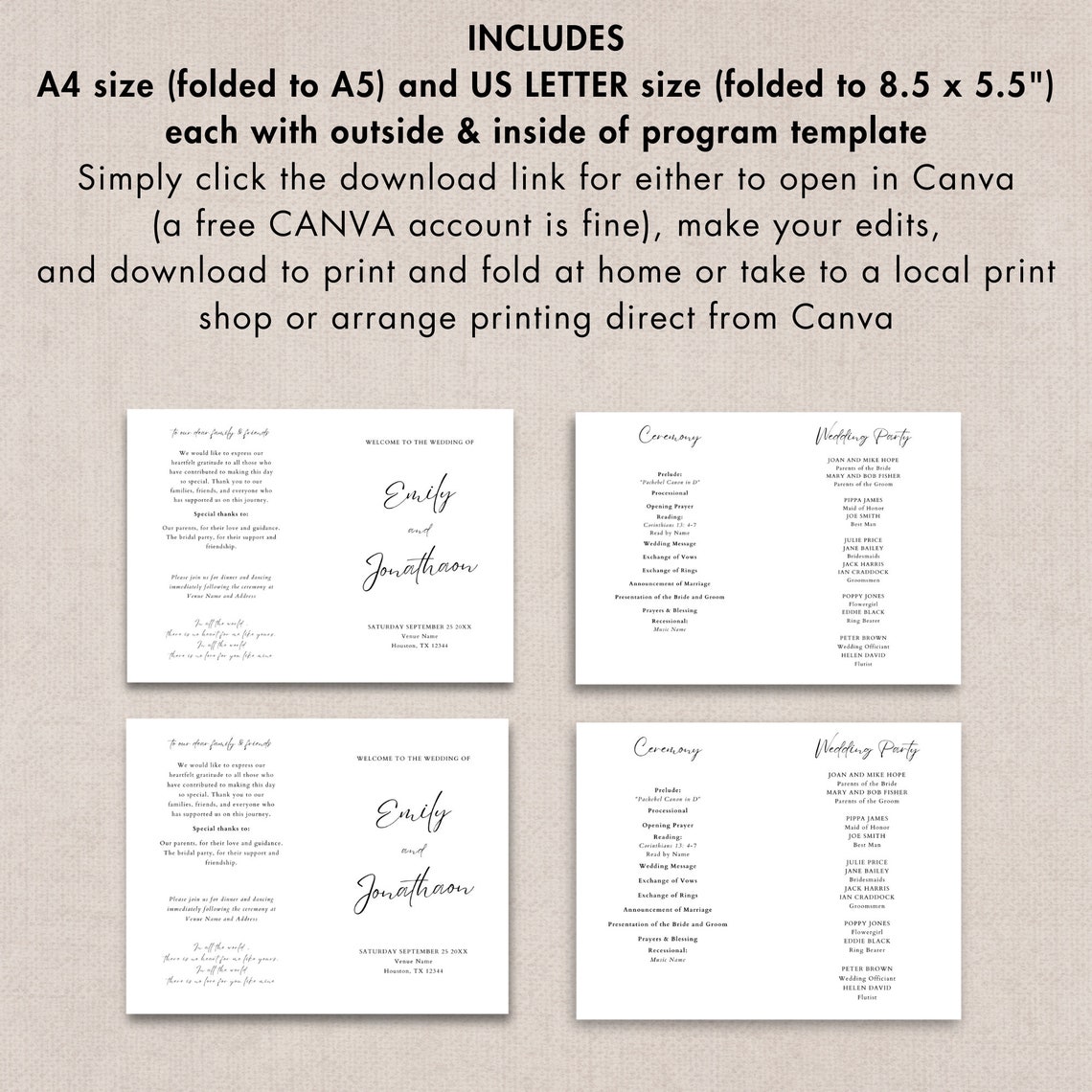Printable Church Wedding Folded Program Canva Template, INSTANT ...