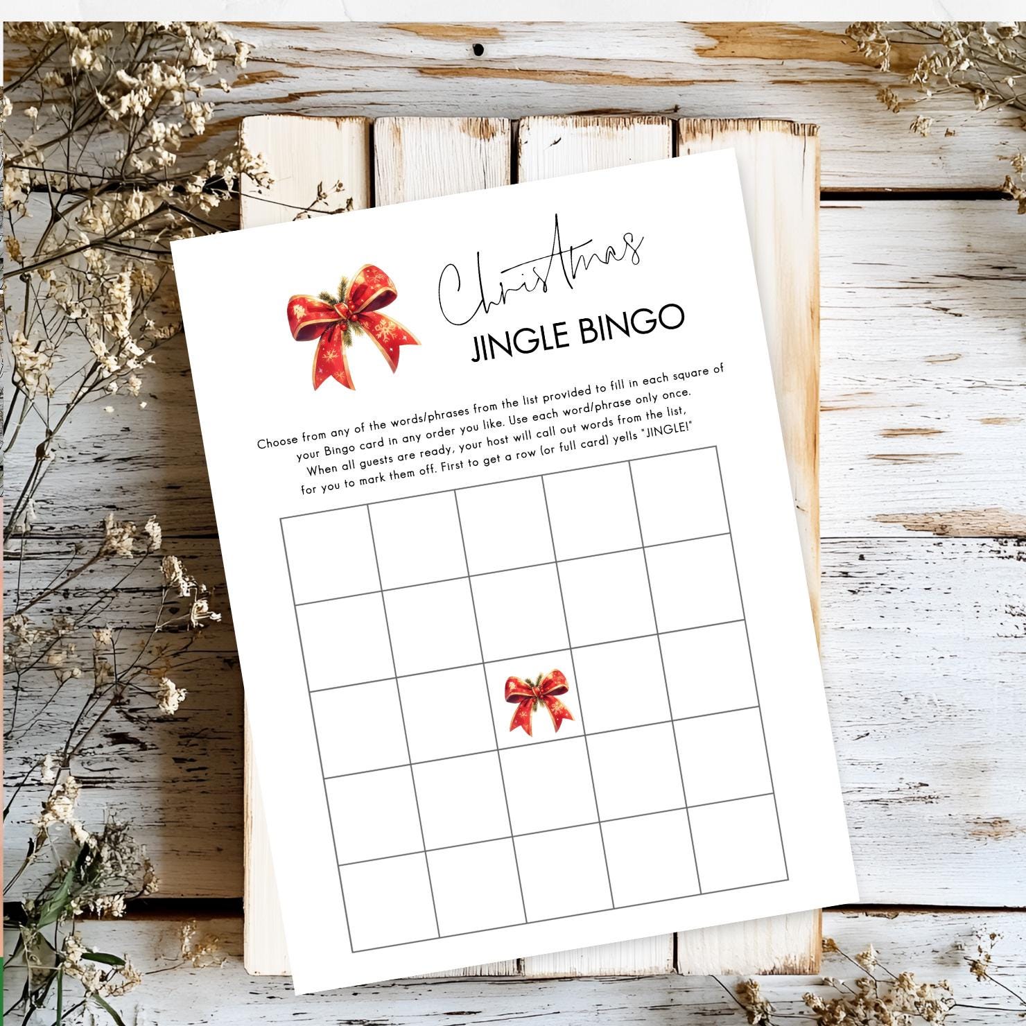 Christmas Bingo Game Template, Printable, INSTANT DOWNLOAD, Red Bow ...
