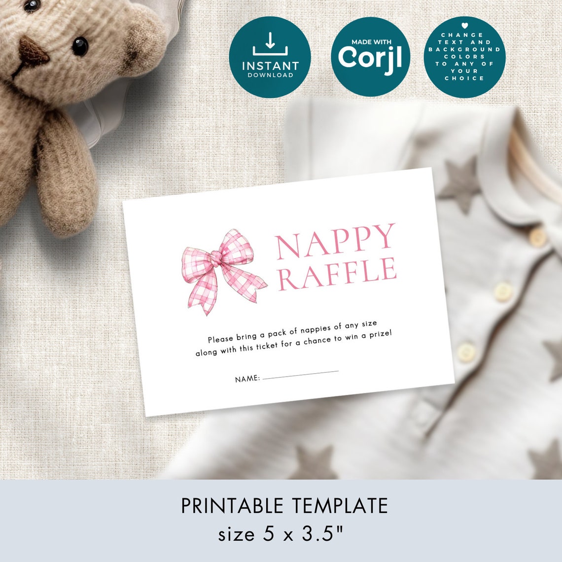 Pink Bow Nappy Raffle Card Template, INSTANT DOWNLOAD, Gingham Ribbon ...