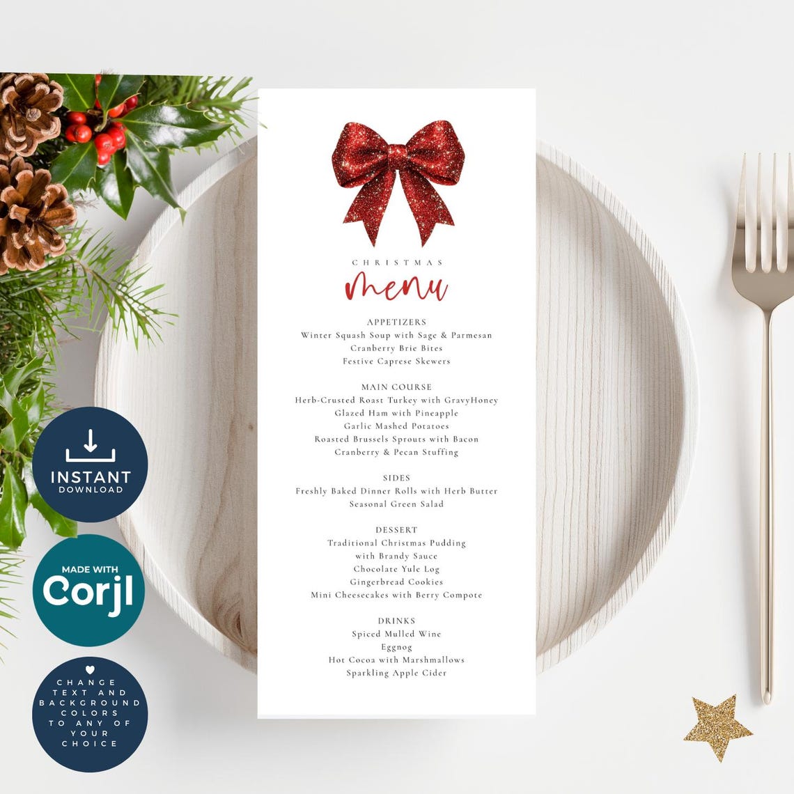 Christmas Party Menu, Template, Printable INSTANT DOWNLOAD, Sparkly Red ...
