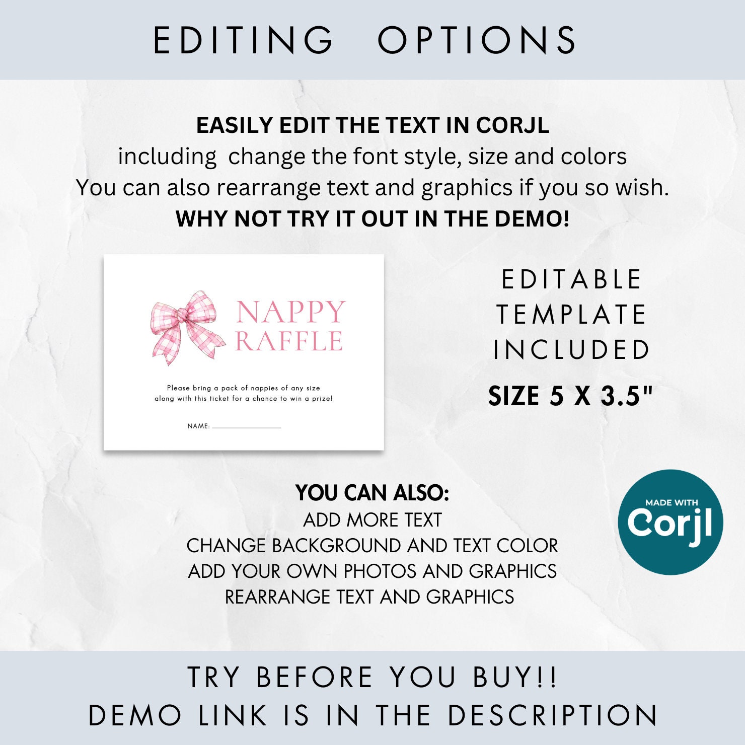 Pink Bow Nappy Raffle Card Template, INSTANT DOWNLOAD, Gingham Ribbon ...