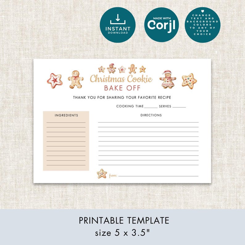 Christmas Recipe Card Template, INSTANT DOWNLOAD, Holiday Cookie Bake ...