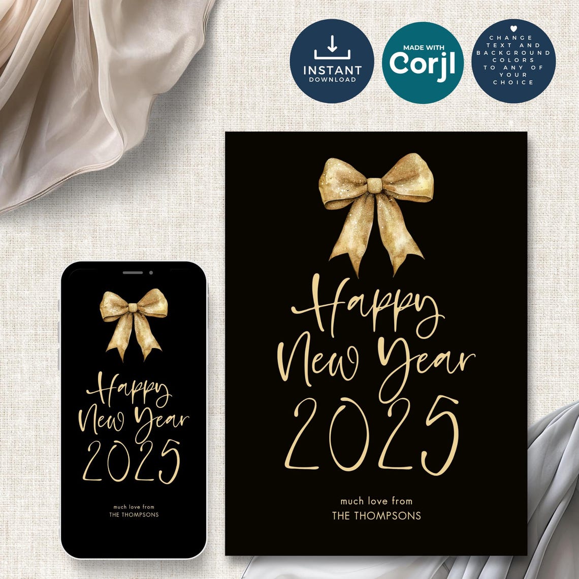Happy New Year 2025 Card Template, Printable INSTANT DOWNLOAD, Coquette ...
