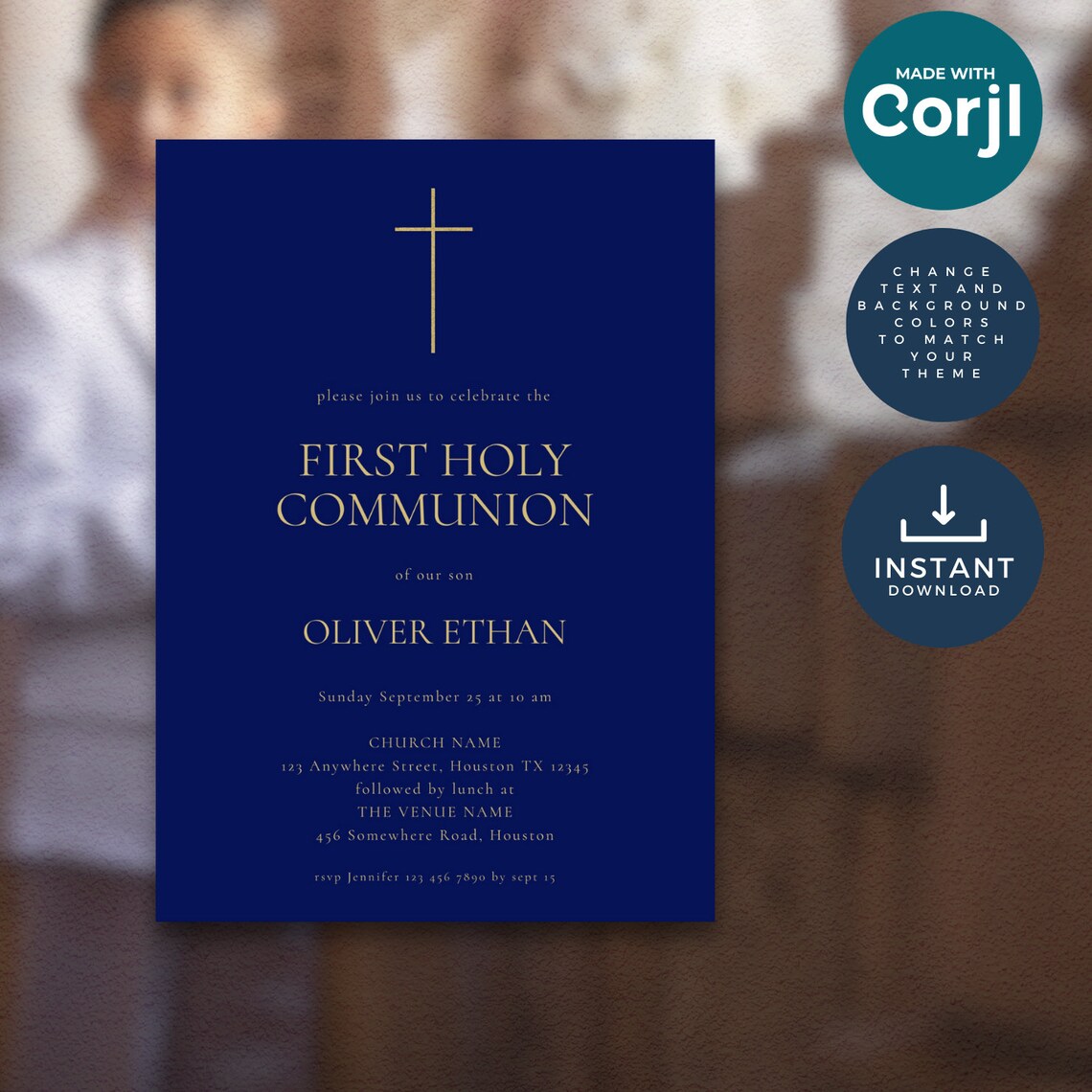 Blue First Holy Communion Invitation Boys Printable Template, INSTANT ...