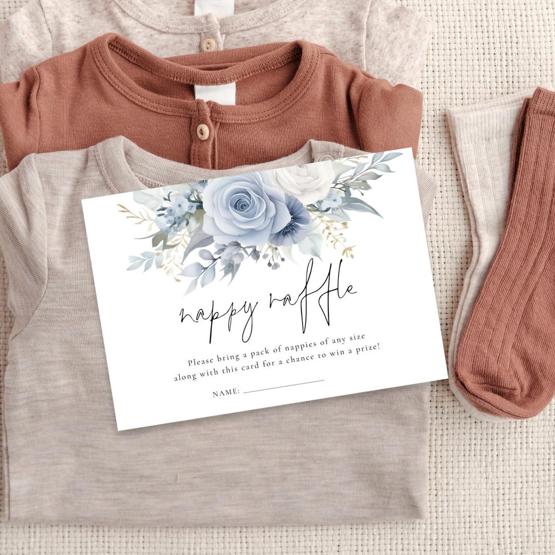 Nappy Raffle Card Template, INSTANT DOWNLOAD, Dusty Blue Florals, Baby ...