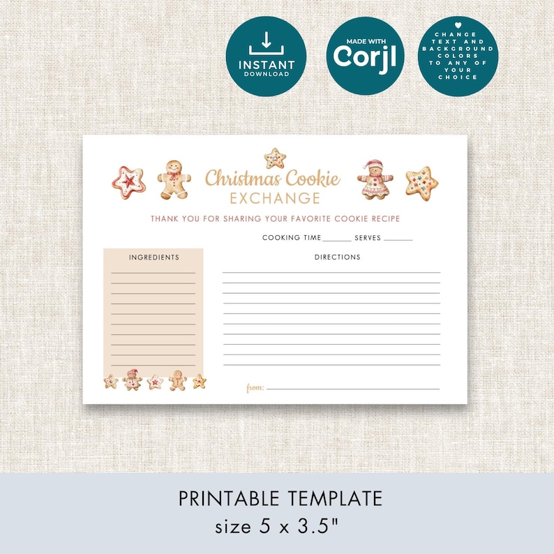 Christmas Cookie Recipe Card Template, INSTANT DOWNLOAD, Holiday ...