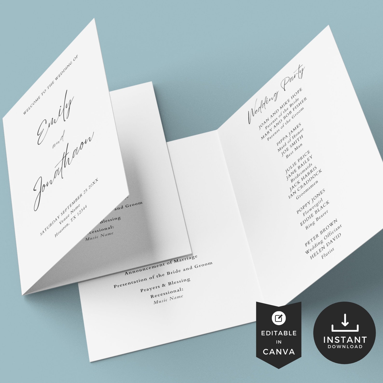 Printable Church Wedding Folded Program Canva Template, INSTANT ...
