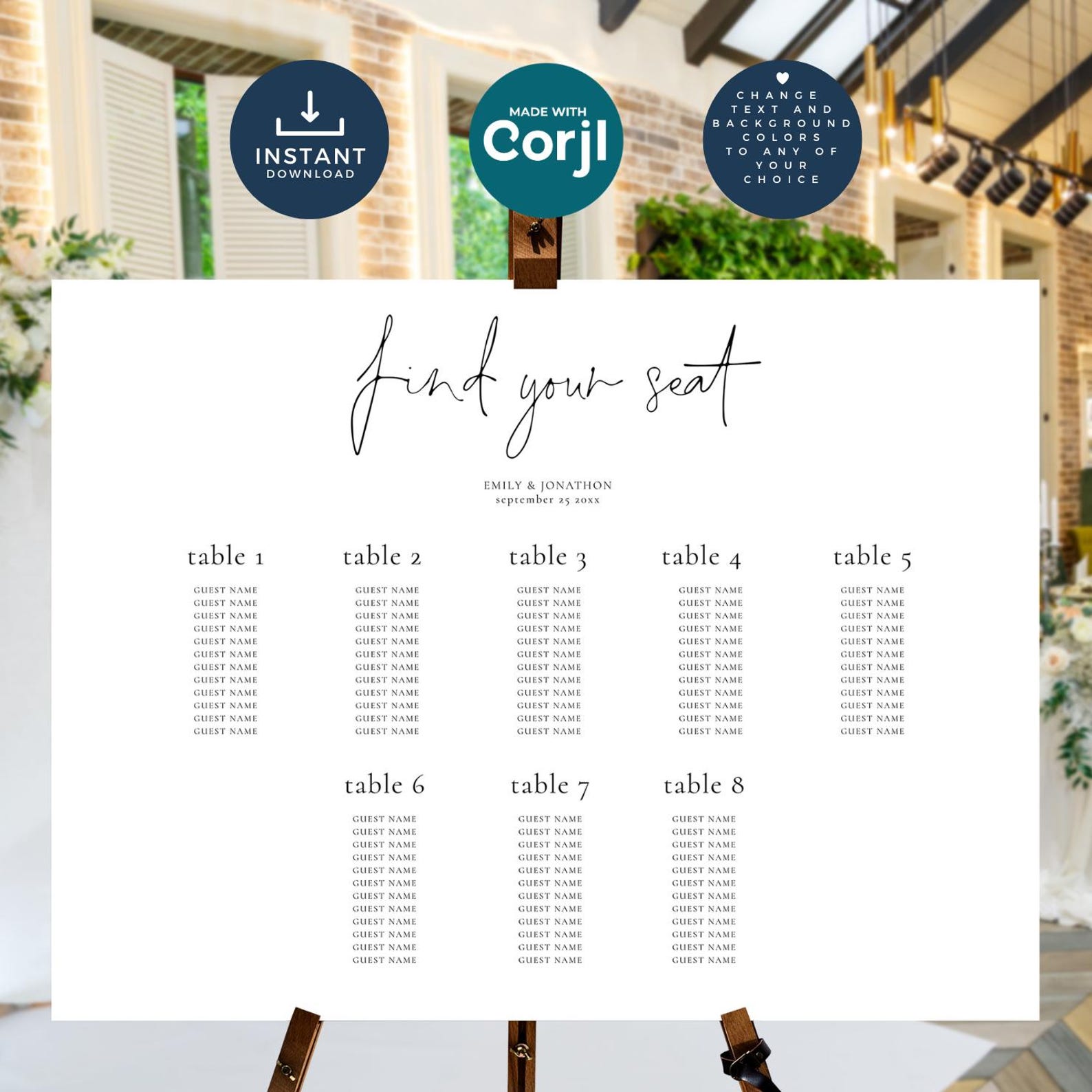 Seating Chart for 8 Tables, Printable Wedding Table Plan, INSTANT ...