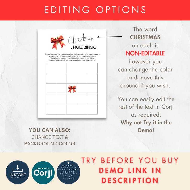 Christmas Bingo Game Template, Printable, INSTANT DOWNLOAD, Red Bow ...