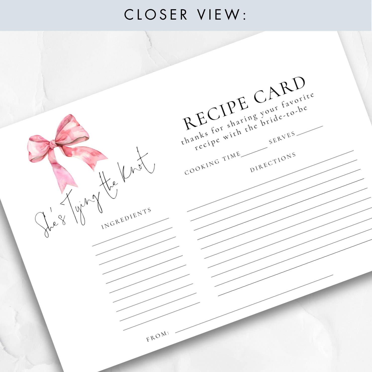 Pink Bow Recipe Card, Template INSTANT DOWNLOAD, She's Tying the Knot ...