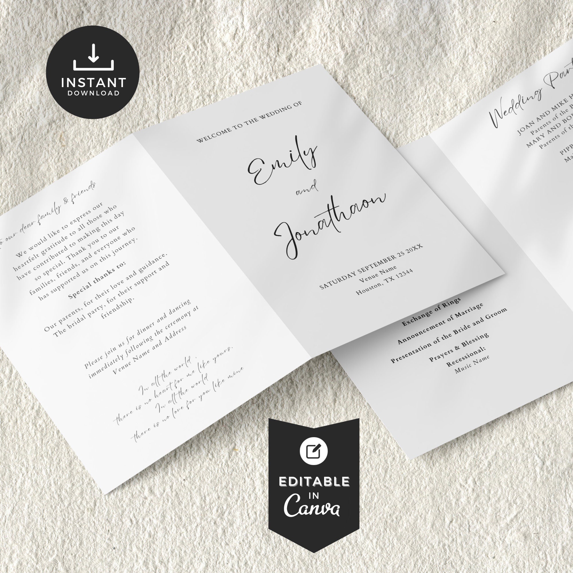 Printable Church Wedding Folded Program Canva Template, INSTANT ...