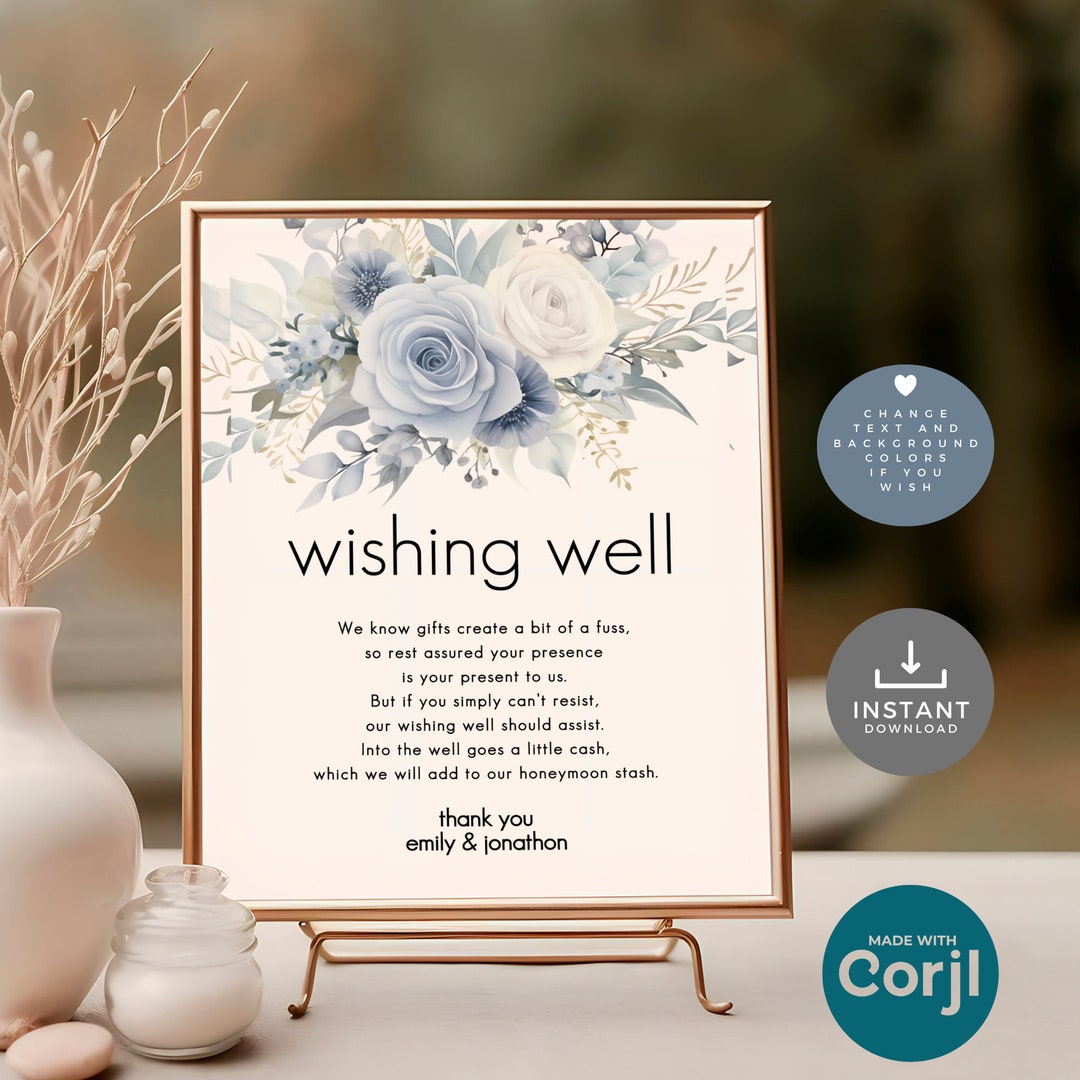 Blue Florals Wedding Wishing Well Table Sign Template, Printable ...