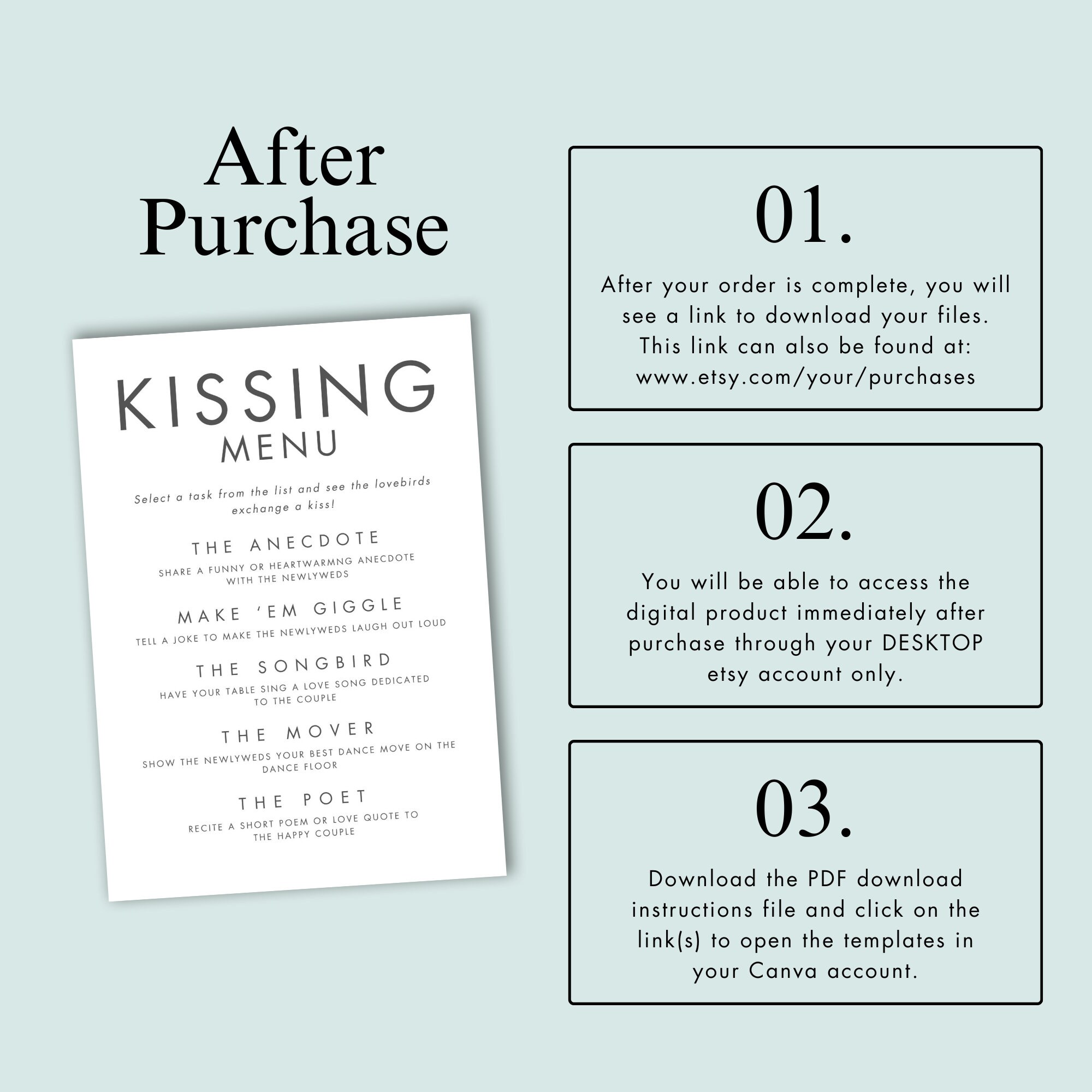 Printable Kissing Menu, INSTANT DOWNLOAD, Wedding Kisses Games ...