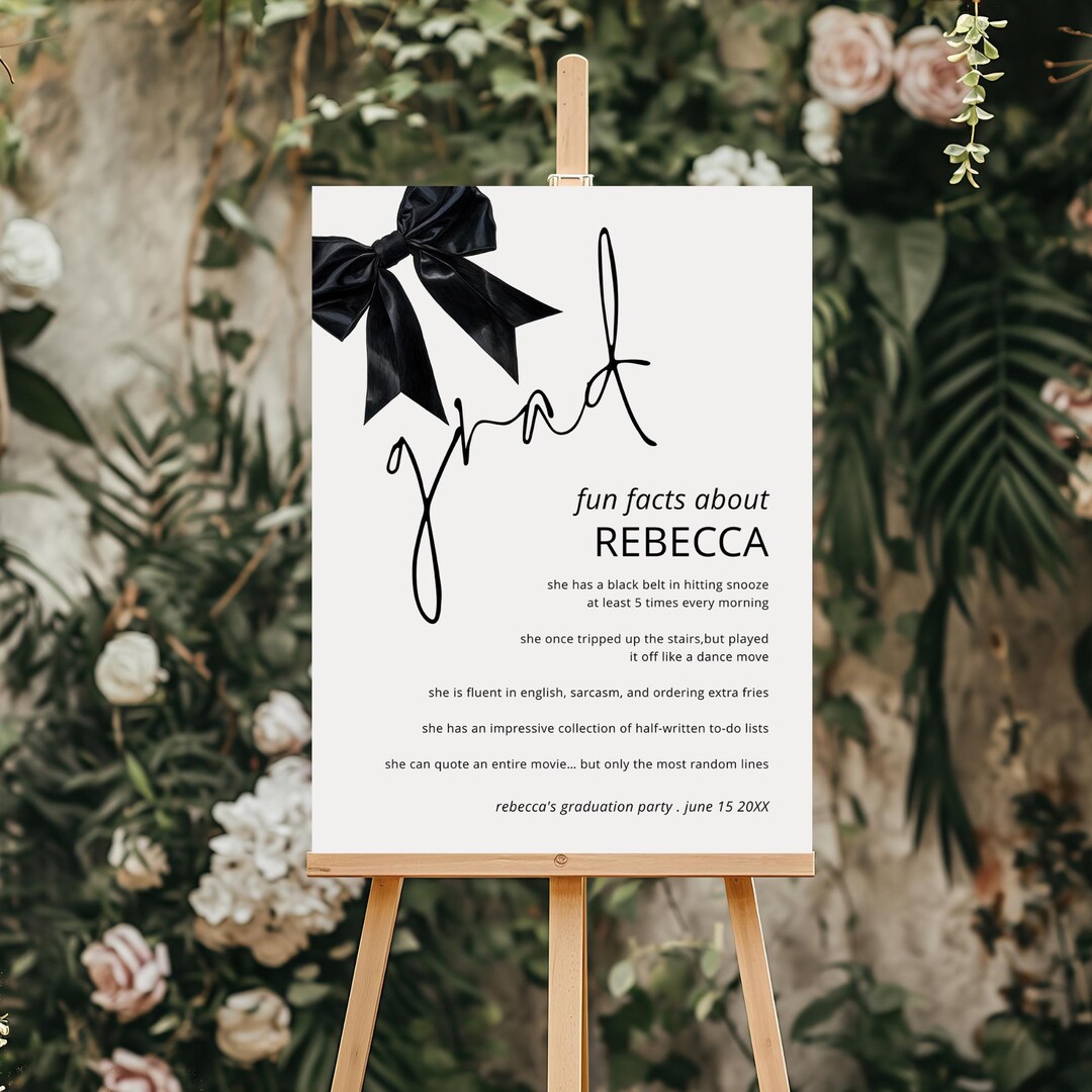 Graduation Fun Facts Sign, Black Bow Decor (printable, Corjl Editable ...