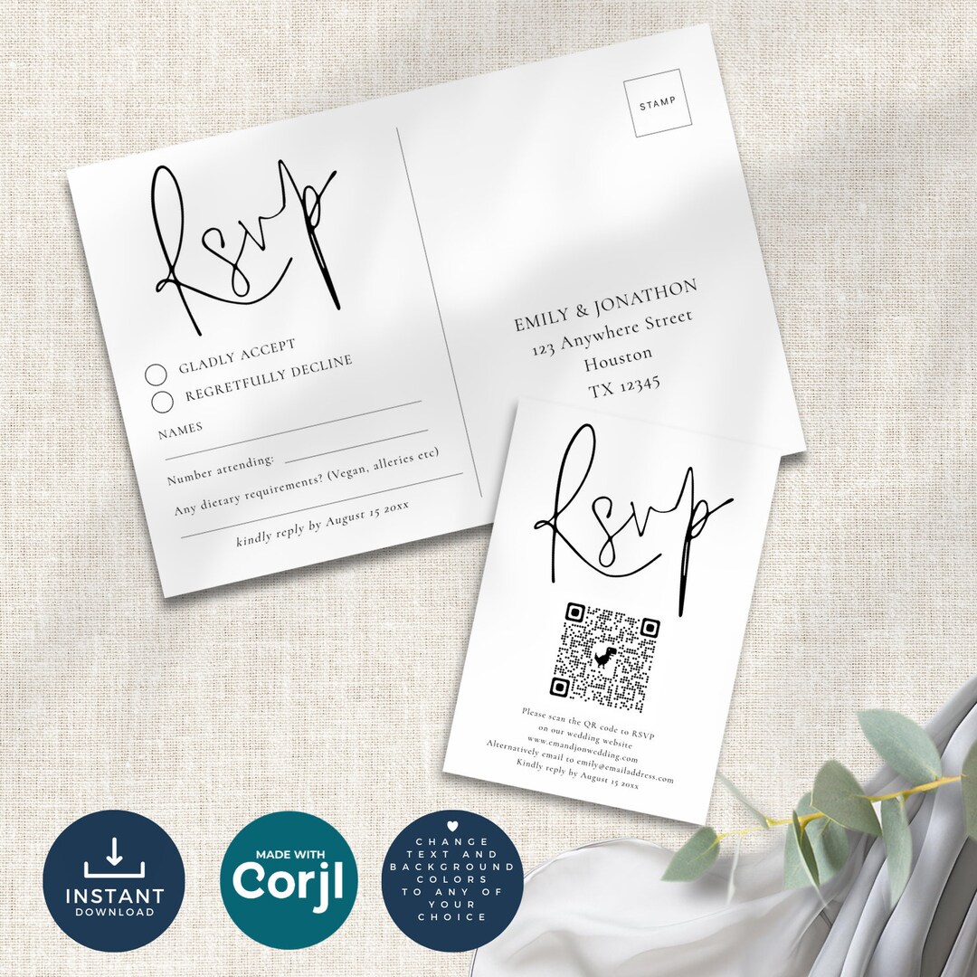 QR Code RSVP Postcard Template, Printable Instant DOWNLOAD, Wedding ...
